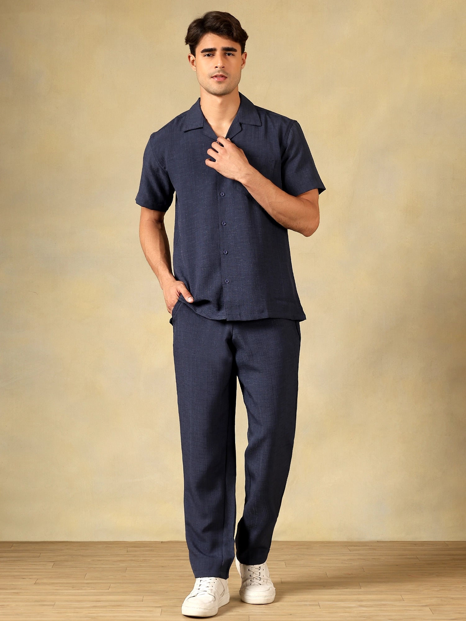 Linen Blend Navy Blue Co-Ord Set For Men